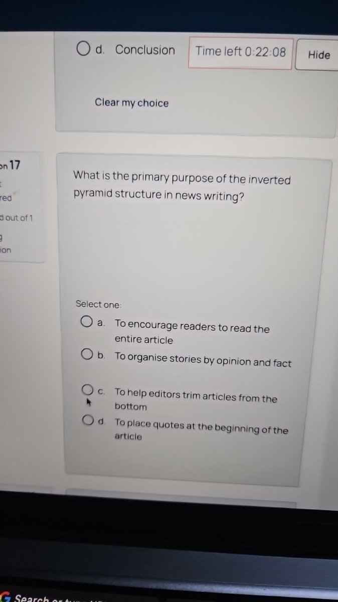 What is the primary purpose of the inverted pyramid structure in news wri..