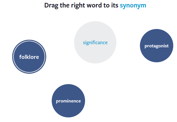 Drag the right word to its synonym. Words to match: folklore significanc..