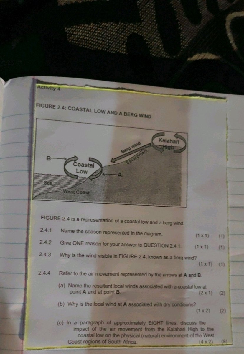 Activity 4 FIGURE 2.4: COASTAL LOW AND A BERG WIND [Diagram showing a c..