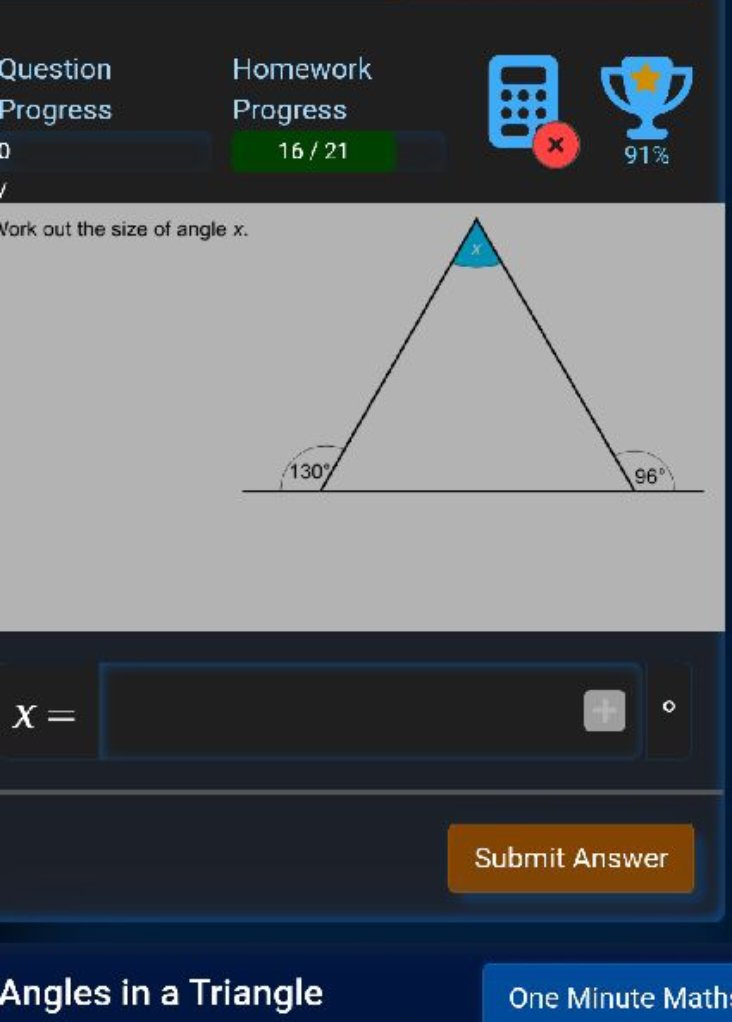 Work out the size of angle x. [Diagram showing a triangle with an exteri..