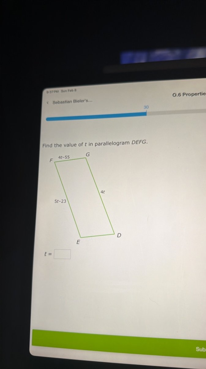 Find the value of t in parallelogram DEFG. (Diagram shows a parallelogra..