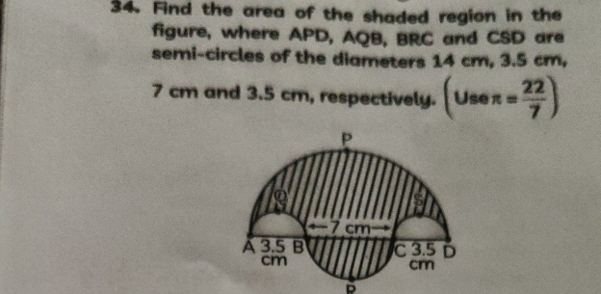 Find the area of the shaded region in the figure, where APD, AQB, BRC and..