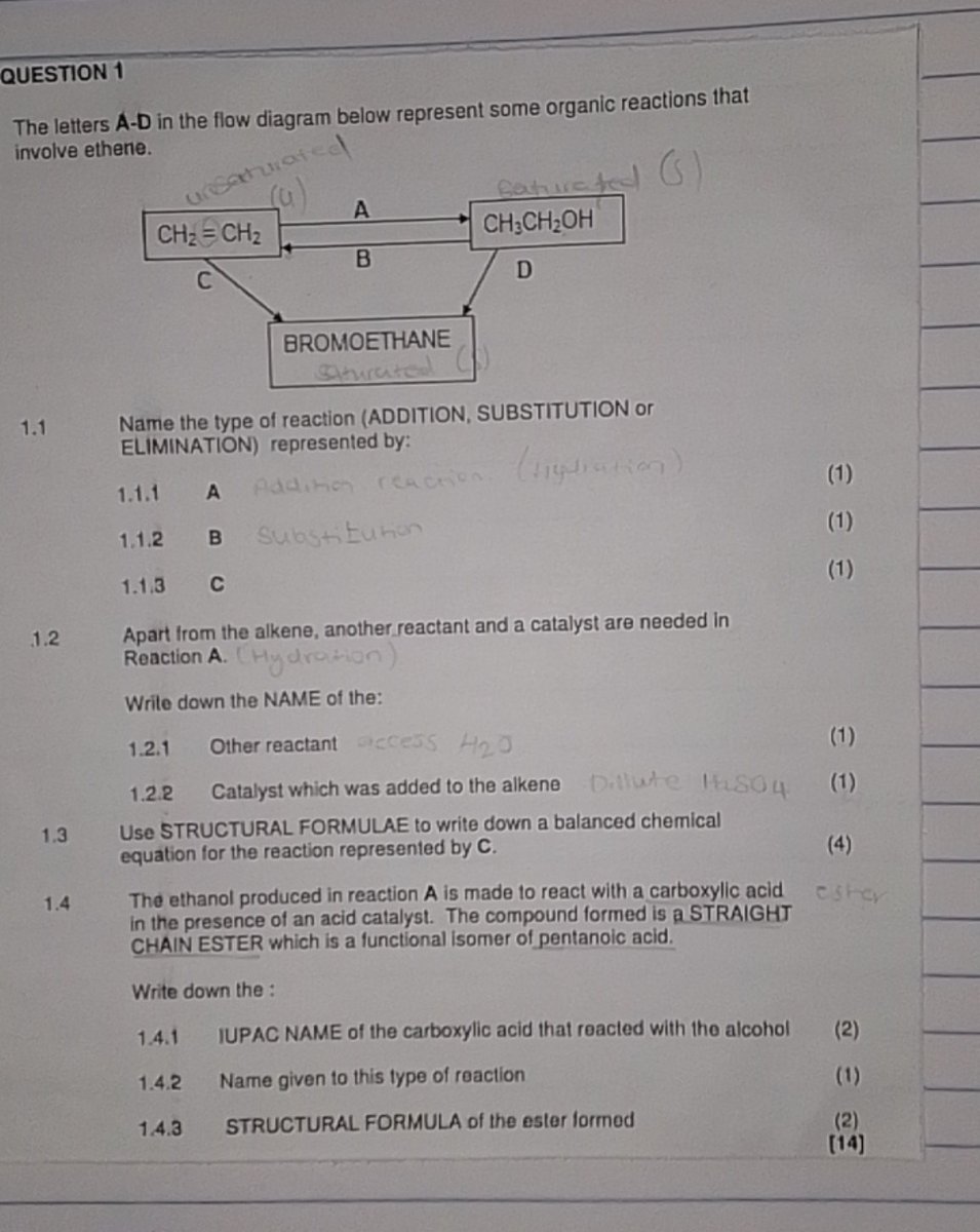 The letters A-D in the flow diagram below represent some organic reaction..