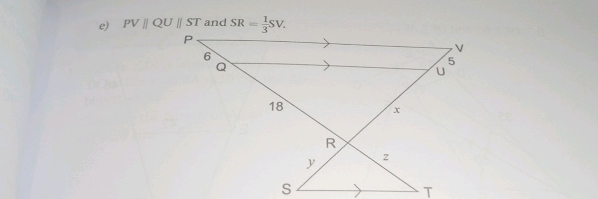 Given the diagram with lines PV, QU, and ST parallel to each other, and S..