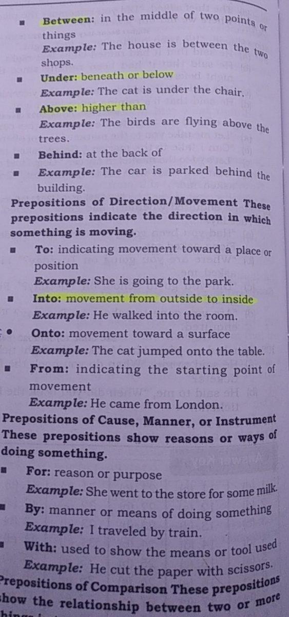 The provided text explains different types of prepositions: Prepositions..
