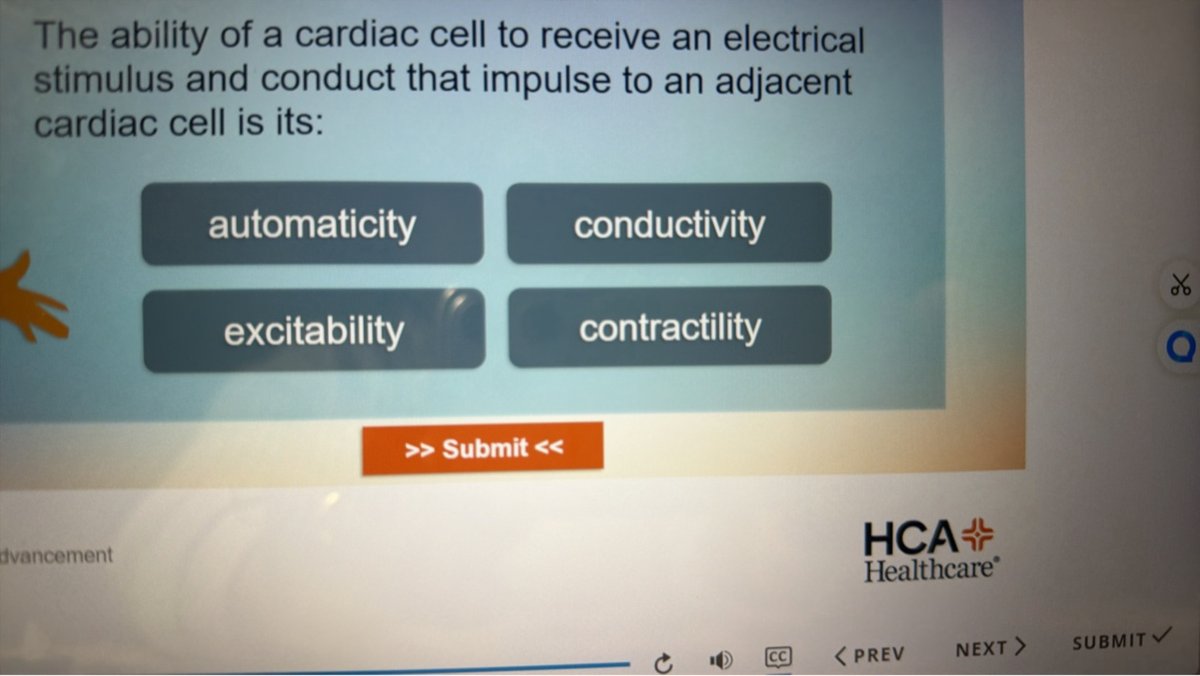 The ability of a cardiac cell to receive an electrical stimulus and condu..