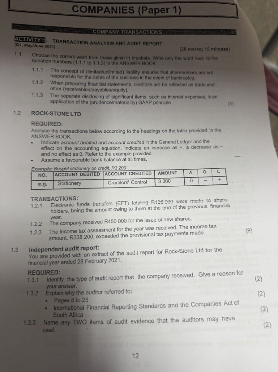 COMPANIES (Paper 1) COMPANY TRANSACTIONS ACTIVITY 1: TRANSACTION ANALYS..