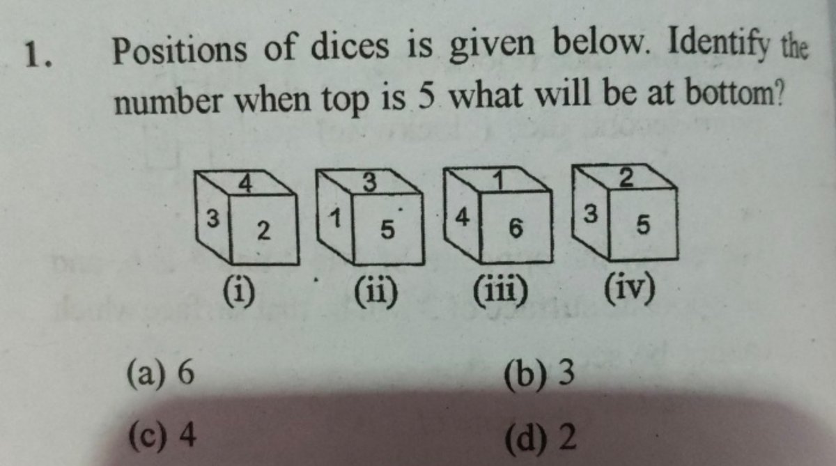 Positions of dices is given below. Identify the number when top is 5 what..