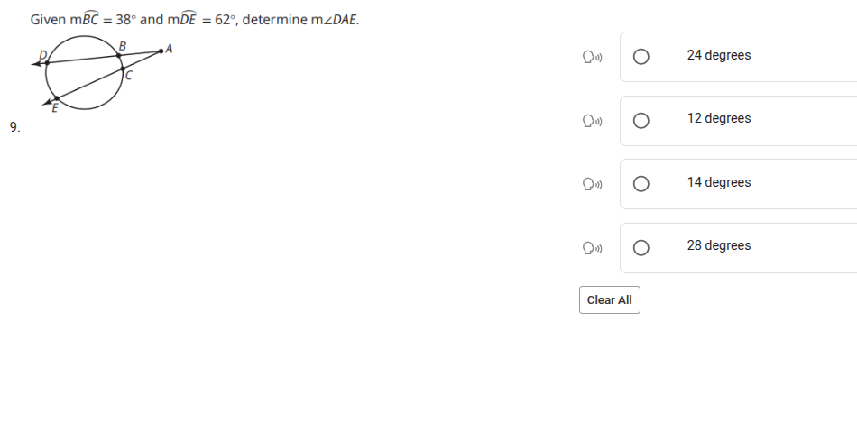 Given m\overarc{BC} = 38^{\circ} and m\overarc{DE} = 62^{\circ}, determin..