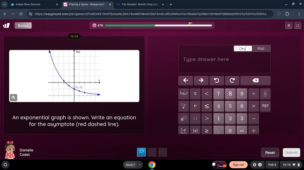 An exponential graph is shown. Write an equation for the asymptote (red d..