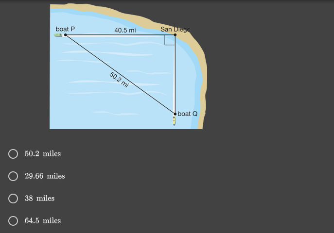 The image shows a diagram with a right-angled triangle formed by boat P,