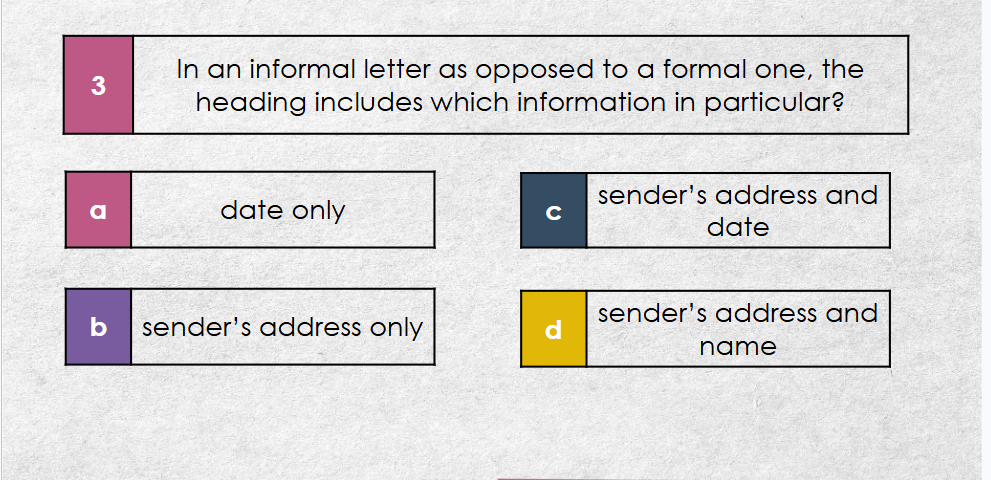In an informal letter as opposed to a formal one, the heading includes wh..