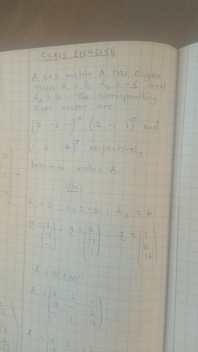 A 3x3 matrix A has eigenvalues \lambda_1 = 3, \lambda_2 = -5 and \lambda_..