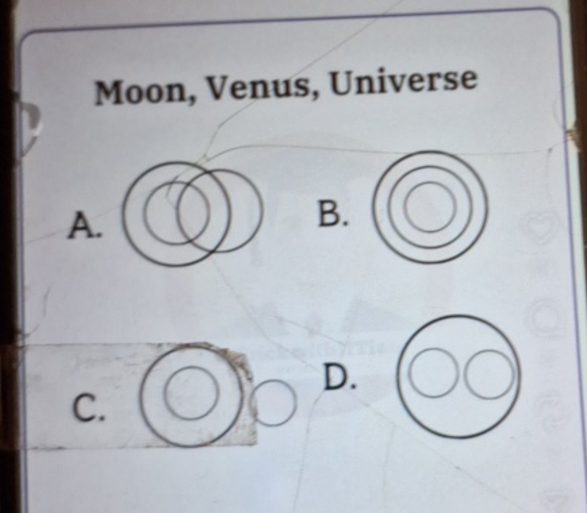 Moon, Venus, Universe A. [Diagram A] B. [Diagram B] C. [Diagram C] D. [D..
