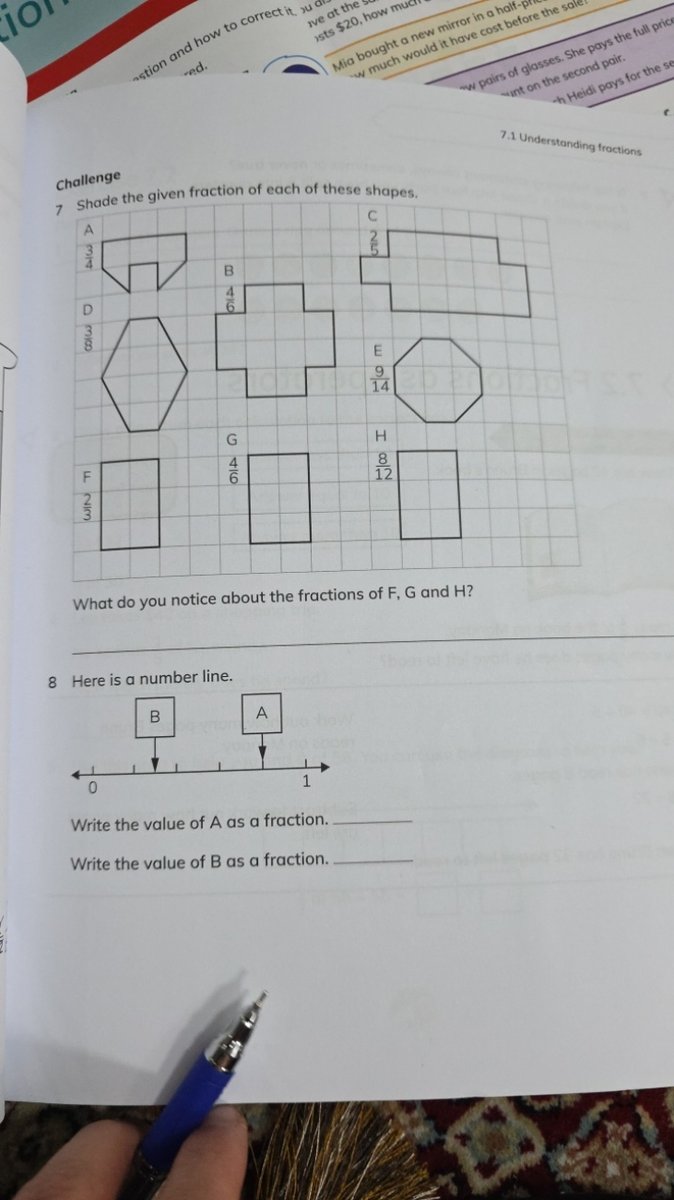 Challenge 7 Shade the given fraction of each of these shapes. [Image of