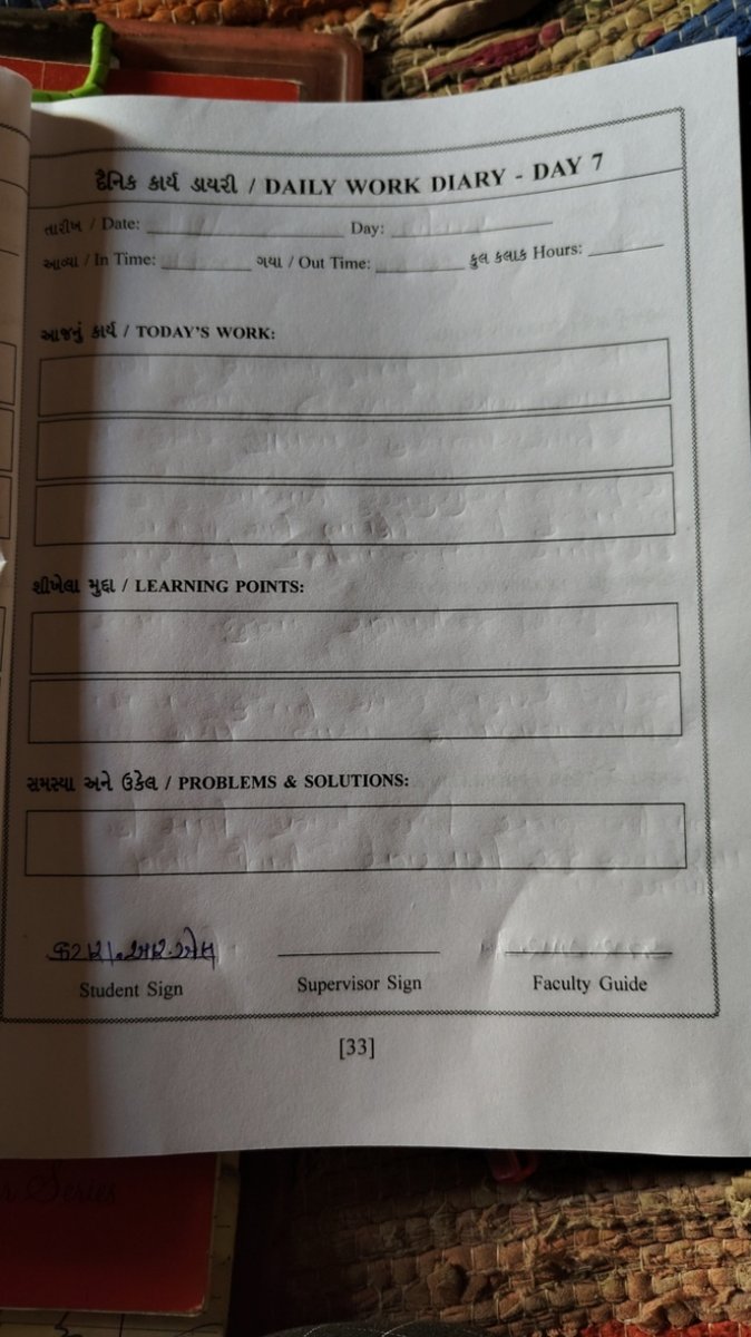 The image shows a template for a "DAILY WORK DIARY - DAY 7". It includes
