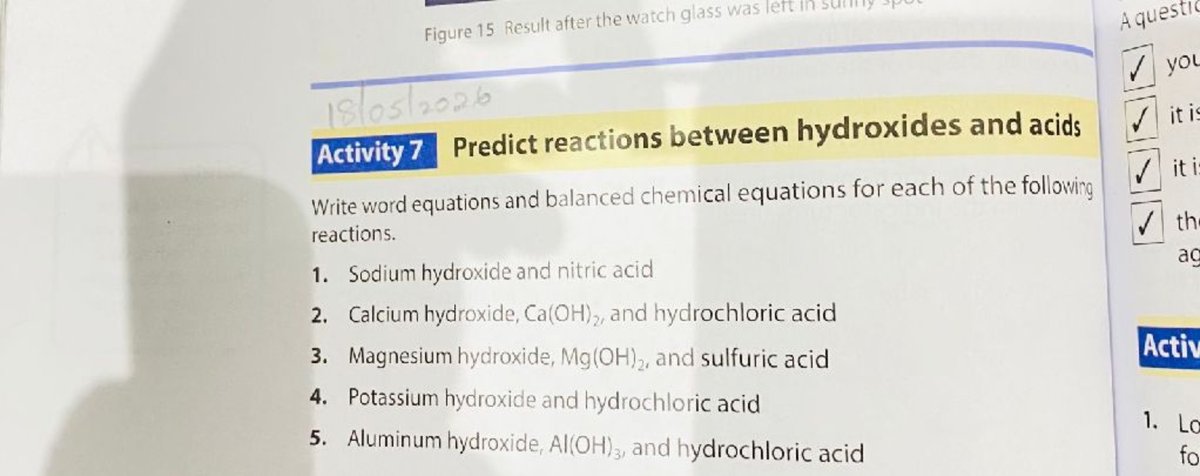 Activity 7 Predict reactions between hydroxides and acids Write word equ..
