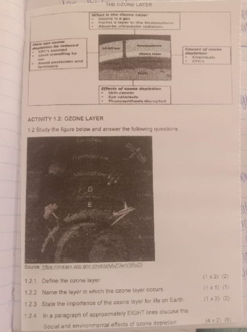 ACTIVITY 1.2: OZONE LAYER 1.2 Study the figure below and answer the foll..
