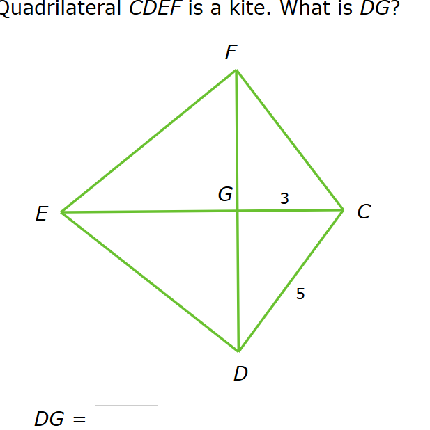 Quadrilateral CDEF is a kite. What is DG? (Diagram shows a kite CDEF wit..