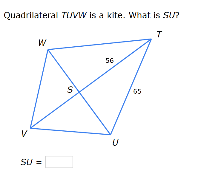 Quadrilateral TUVW is a kite. What is SU? Given a diagram of a kite TUVW..
