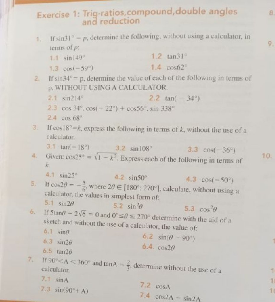Exercise 1: Trig-ratios, compound, double angles and reduction If \sin 3..