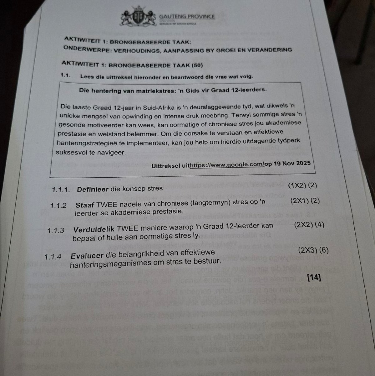 AKTIWITEIT 1: BRONGEBASEERDE TAAK: ONDERWERPE: VERHOUDINGS, AANPASSING BY..