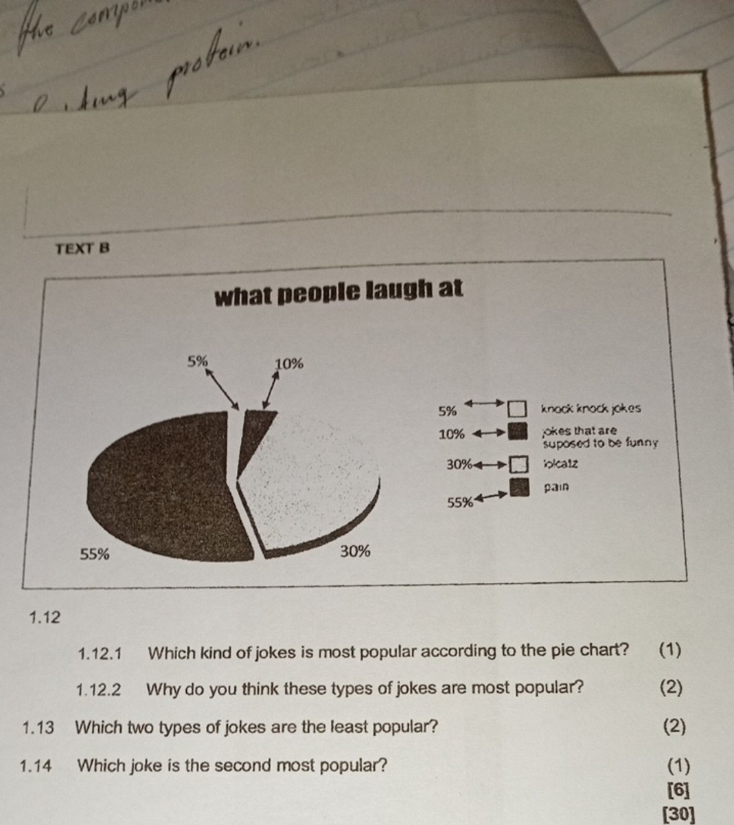 TEXT B what people laugh at [Pie chart showing percentages for differen..