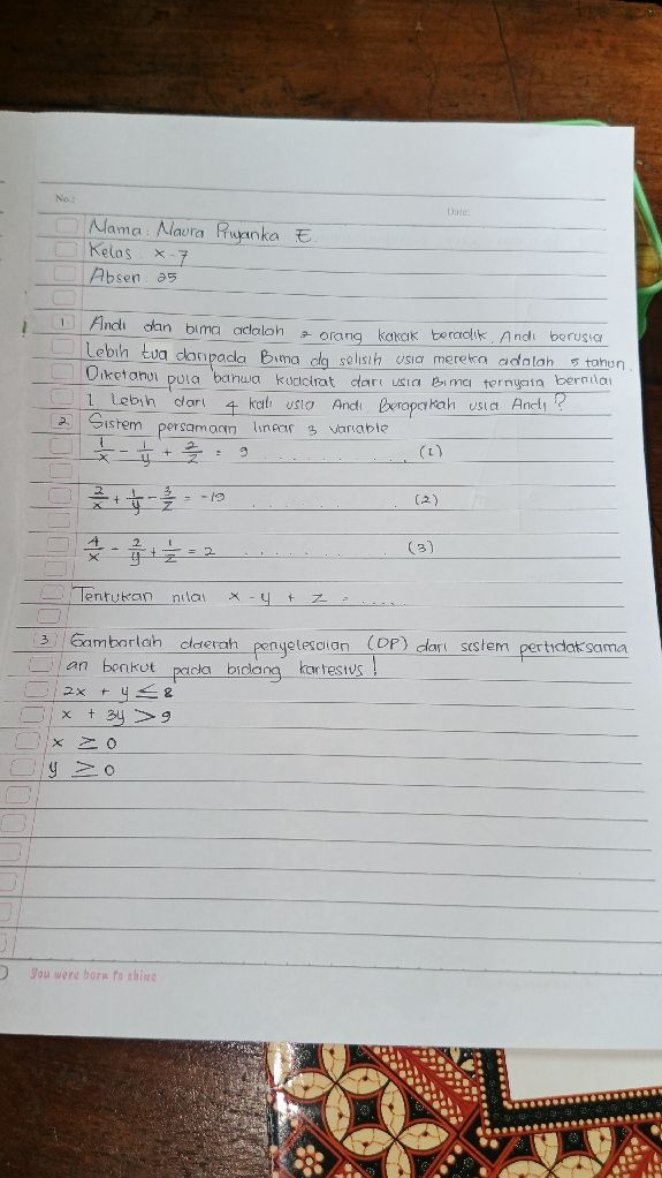 Here are three math problems: 1. Andi and Bima are siblings. Andi is 5 y..