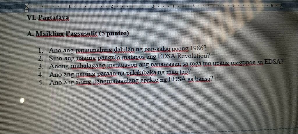 VL Pagtataya A. Maikling Pagsusulit (5 puntos) Ano ang pangunahing dahila..