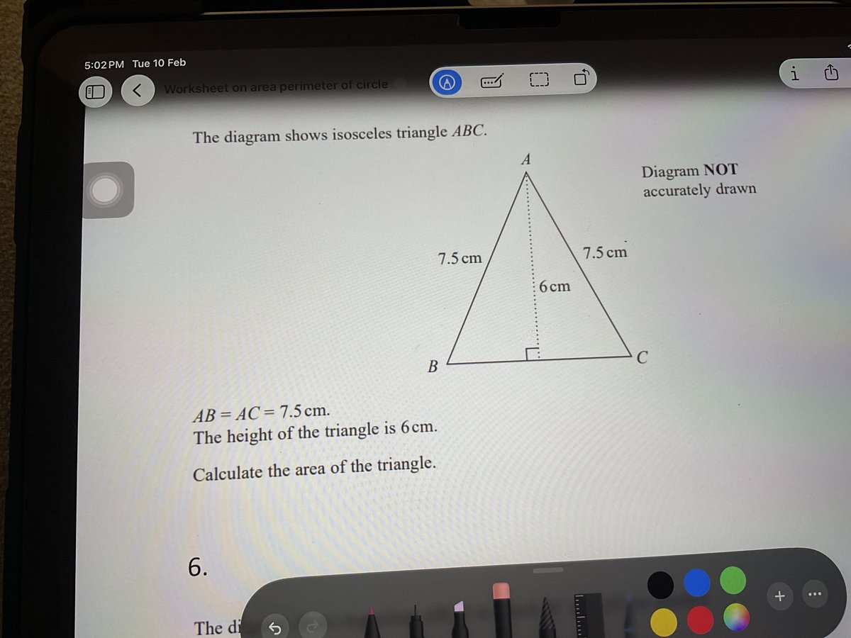 The diagram shows isosceles triangle ABC. AB = AC = 7.5 cm. The height o..