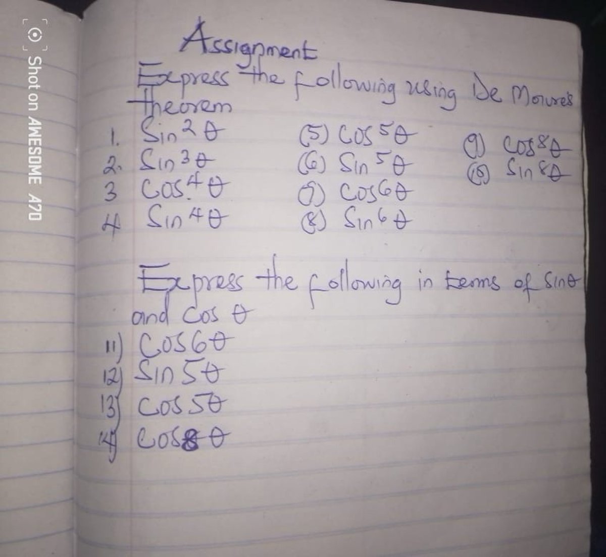 Assignment Express the following using De Moivre's theorem: \sin 2\theta..