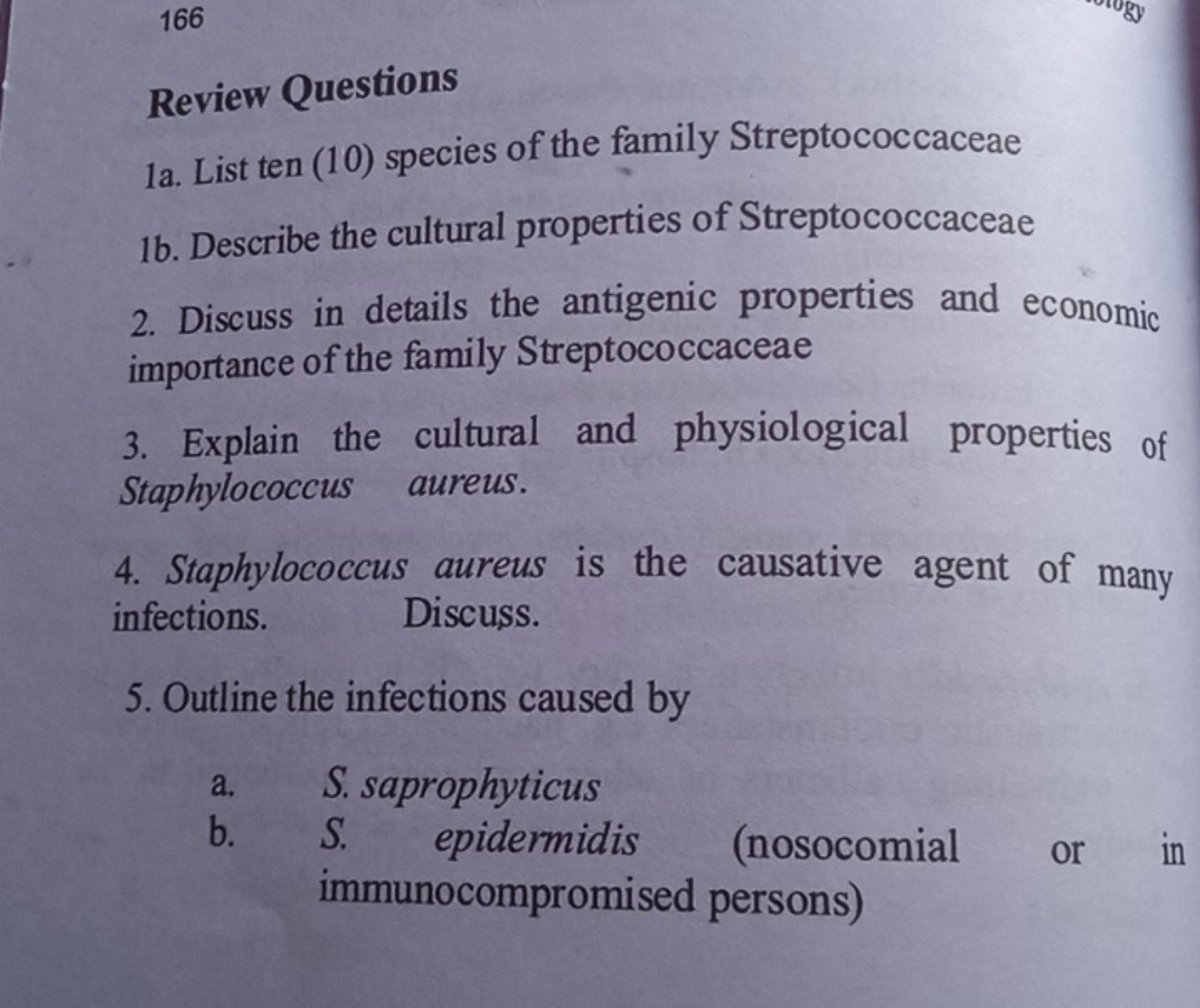 Review Questions 1a. List ten (10) species of the family Streptococcacea..