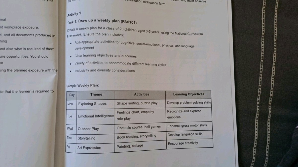 Activity 1 Task 1: Draw up a weekly plan (PA0101) Create a weekly plan f..