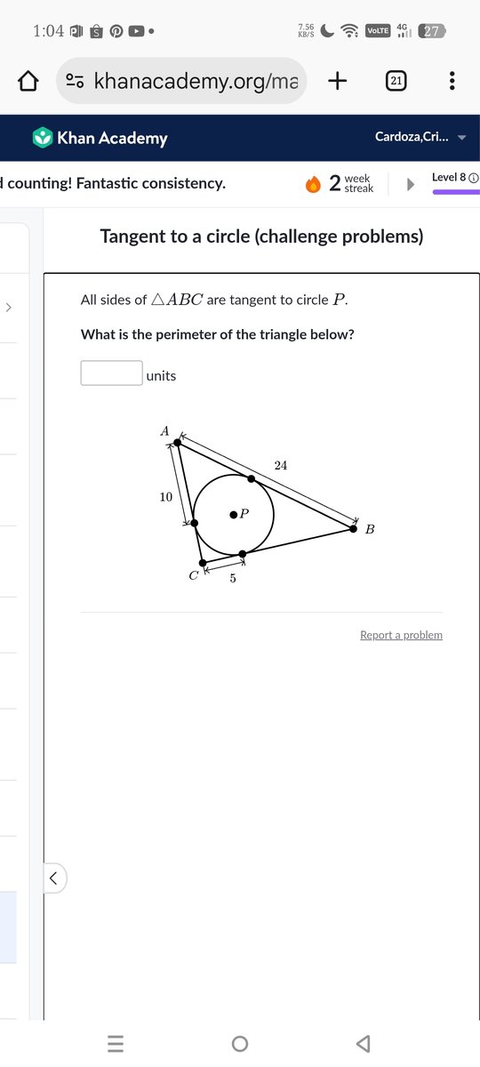 All sides of \triangle ABC are tangent to circle P. What is the perimete..