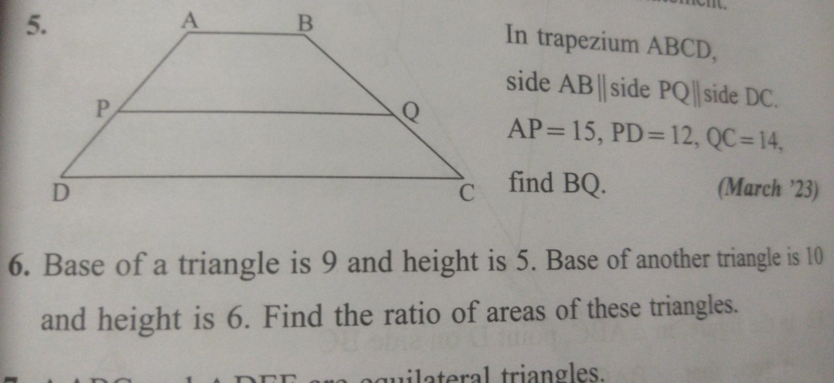 In trapezium ABCD, side AB || side PQ || side DC. AP = 15, PD = 12, QC