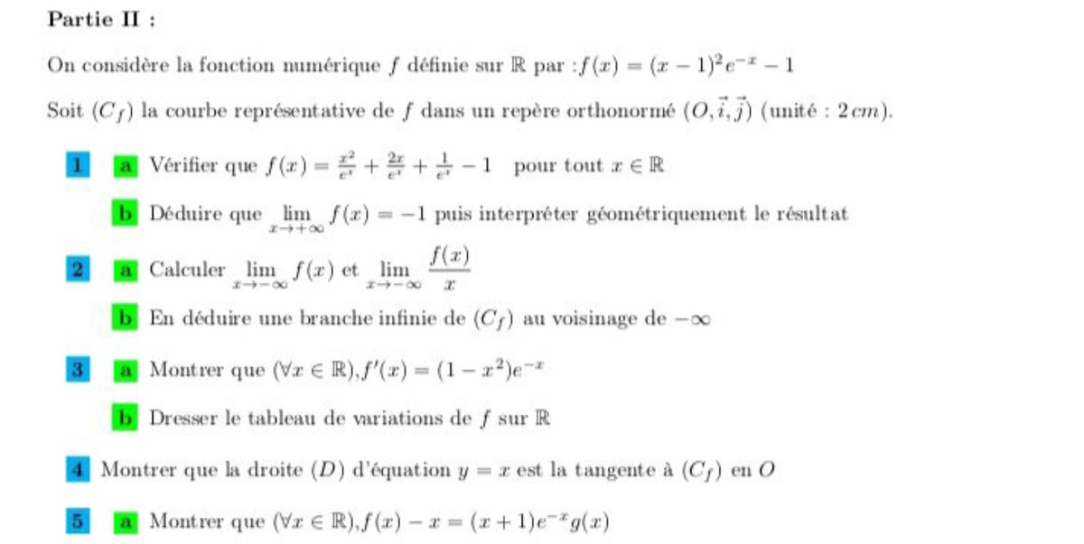 Partie II : On considère la fonction numérique f définie sur \mathbb{R} p..