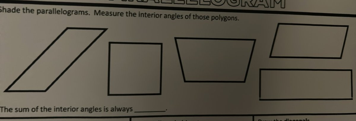 Shade the parallelograms. Measure the interior angles of those polygons.
