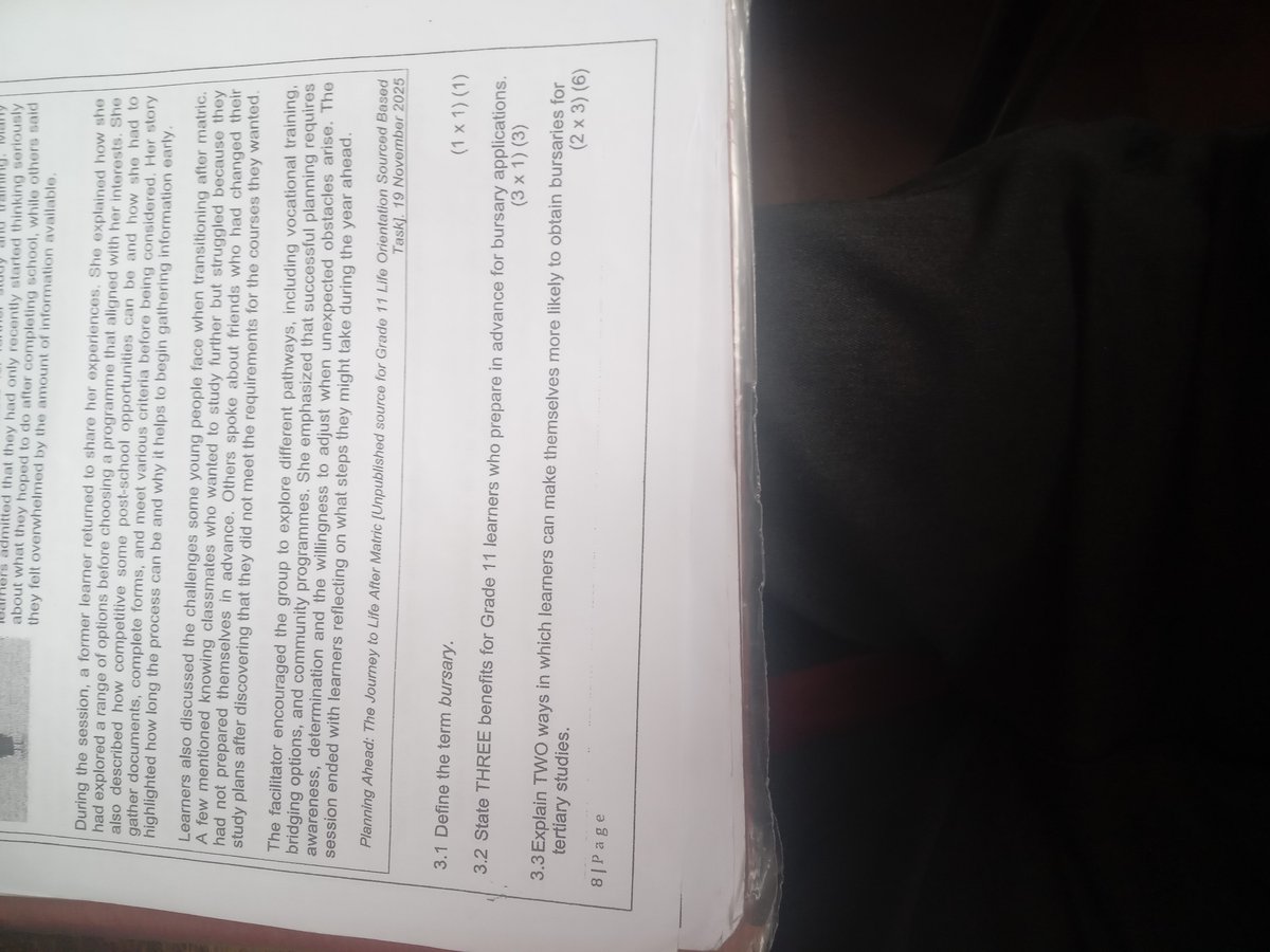3.1 Define the term bursary. (1) 3.2 State THREE benefits for Grade 11 le..