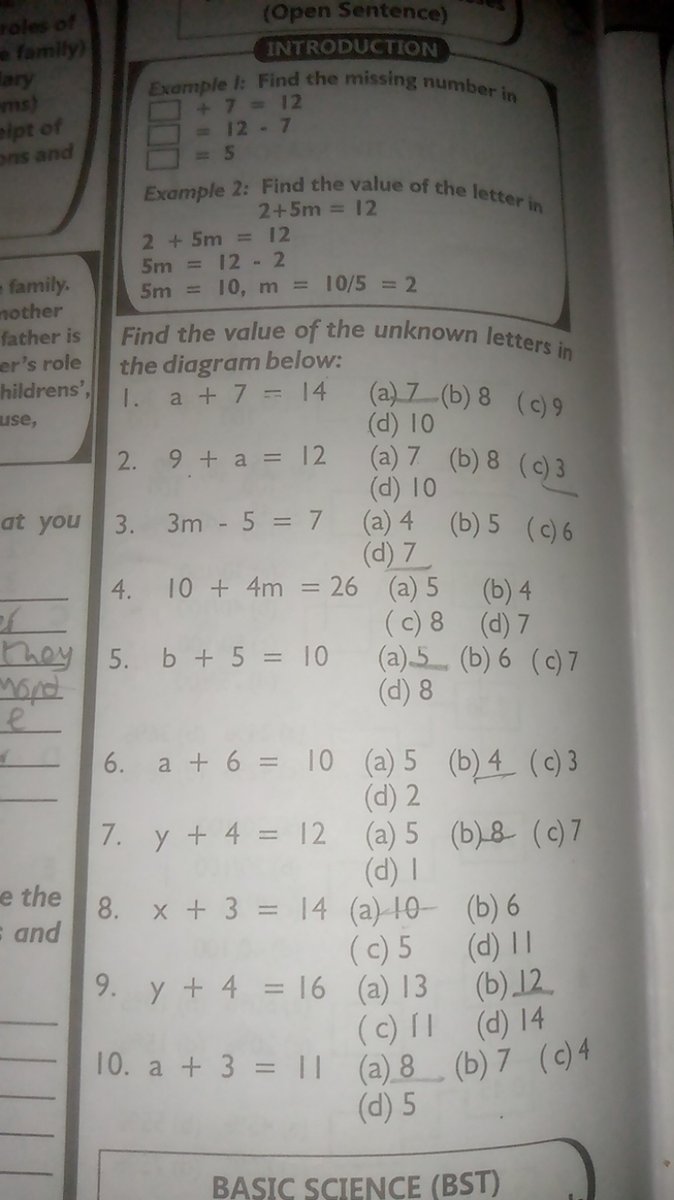 Find the value of the unknown letters in the diagram below: a + 7 = 14