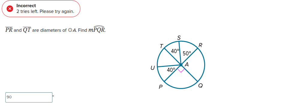 \overline{PR} and \overline{QT} are diameters of \odot A. Find m\overarc{..