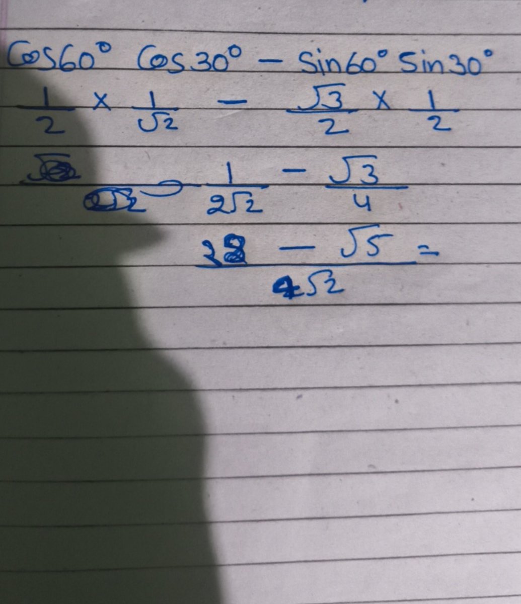 Evaluate the expression: \cos 60^\circ \cos 30^\circ - \sin 60^\circ \si..