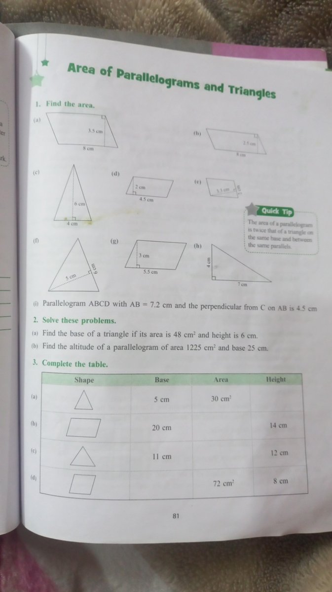 Find the area. (a) Diagram of a parallelogram with base 8 cm and height