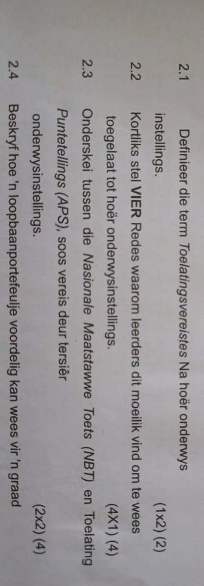 2.1 Definieer die term Toelatingsvereistes Na hoër onderwys instellings.