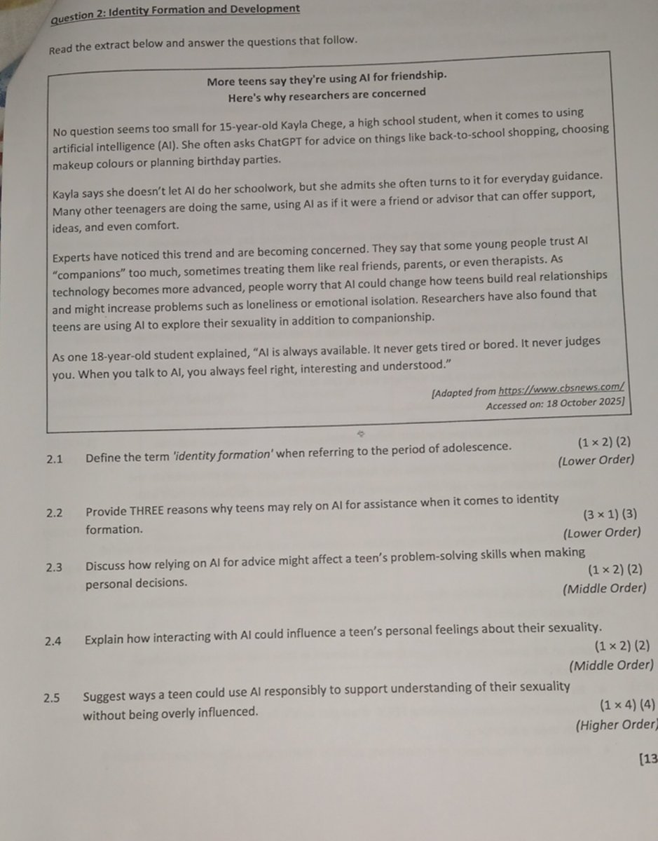 Question 2: Identity Formation and Development Read the extract below an..