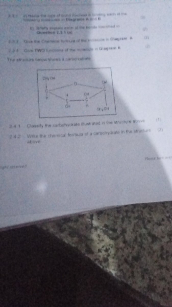 The structure below shows a carbohydrate. [Diagram of a carbohydrate mol..