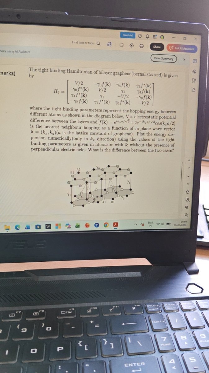 The tight binding Hamiltonian of bilayer graphene (bernal stacked) is giv..
