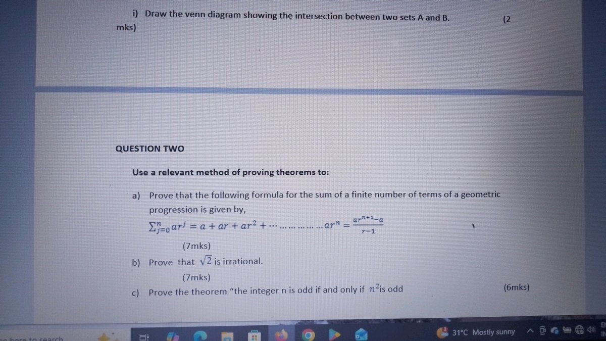i) Draw the venn diagram showing the intersection between two sets A and
