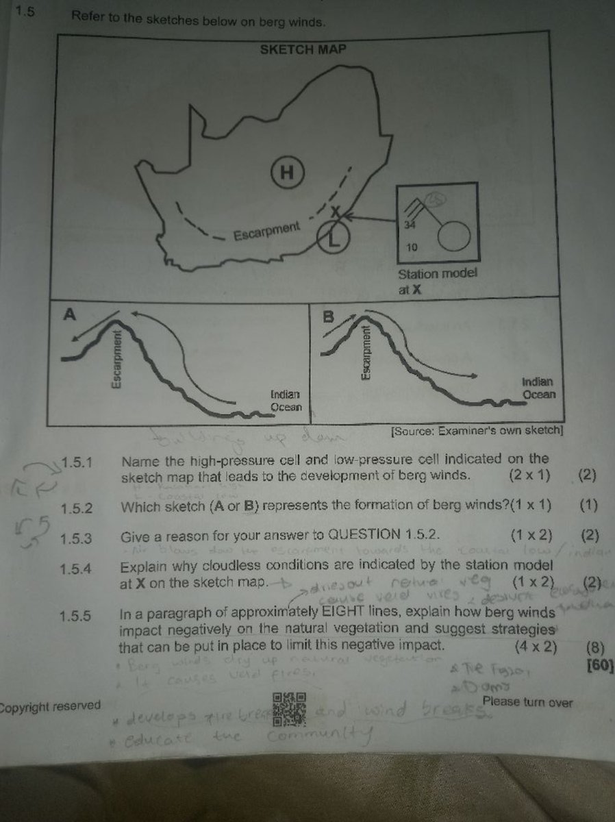 Refer to the sketches below on berg winds. SKETCH MAP (Image of a map o..