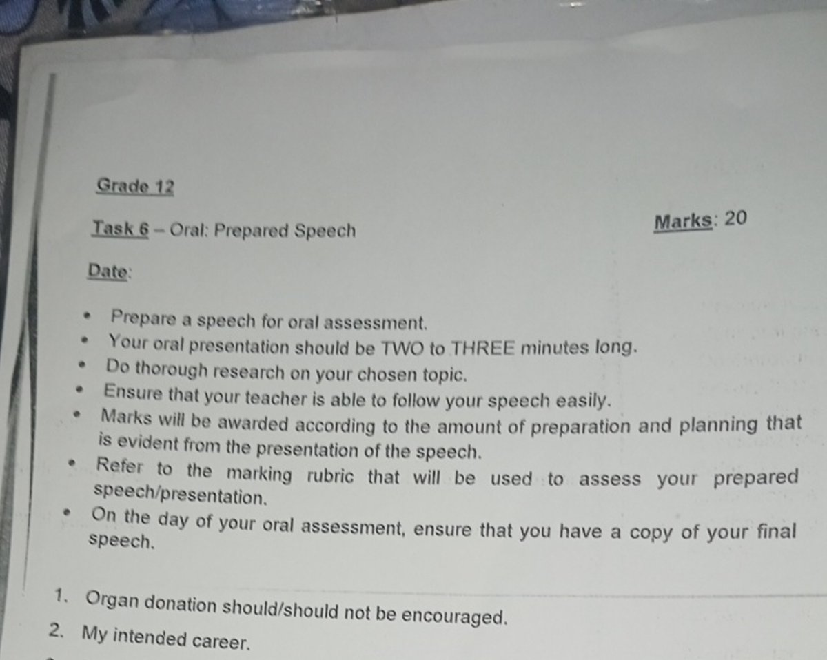 Prepare a speech for oral assessment. Your oral presentation should be TW..