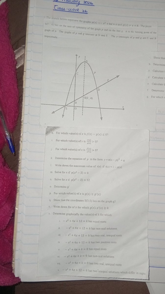 The sketch below represents the graphs p(x) = -x^2 + bx + c and g(x) = x